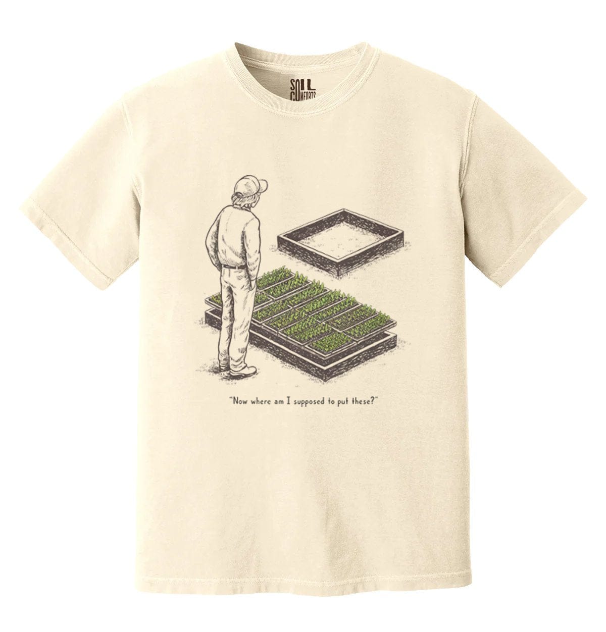 Amusing Illustration of Gardener with Seedlings T-Shirts – Soil Comforts